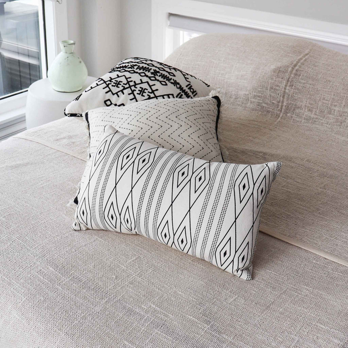 Rectangle White Cotton Cushion Cover with Black Patterns| GBO NZ